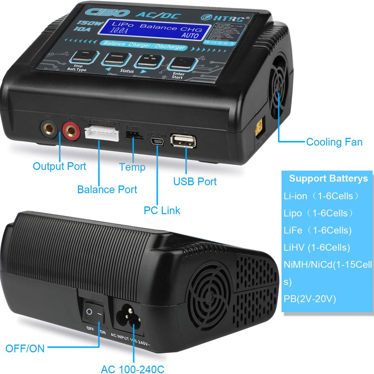 HTRC C150 SINGLE RC Balance Charger Discharger AC 150W DC 240W 10 AMPS ...